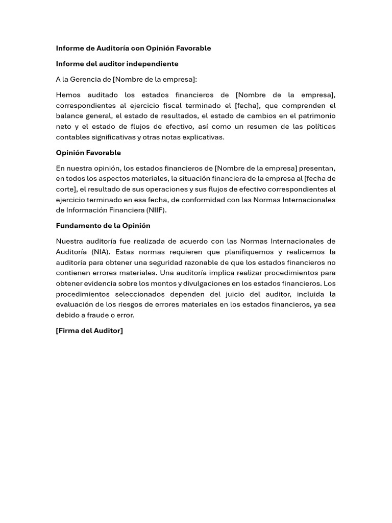 Informe de Auditoría Con Opinión Favorable | PDF