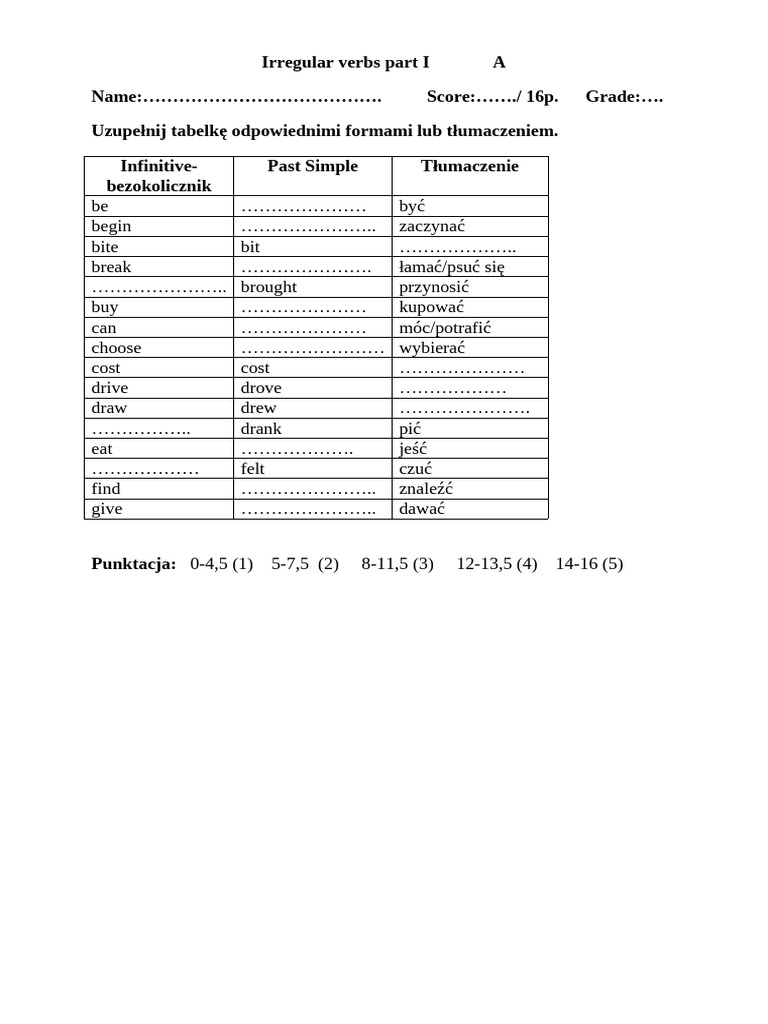 Irregular Verbs Past Simple Part I Klasa 6 A | PDF