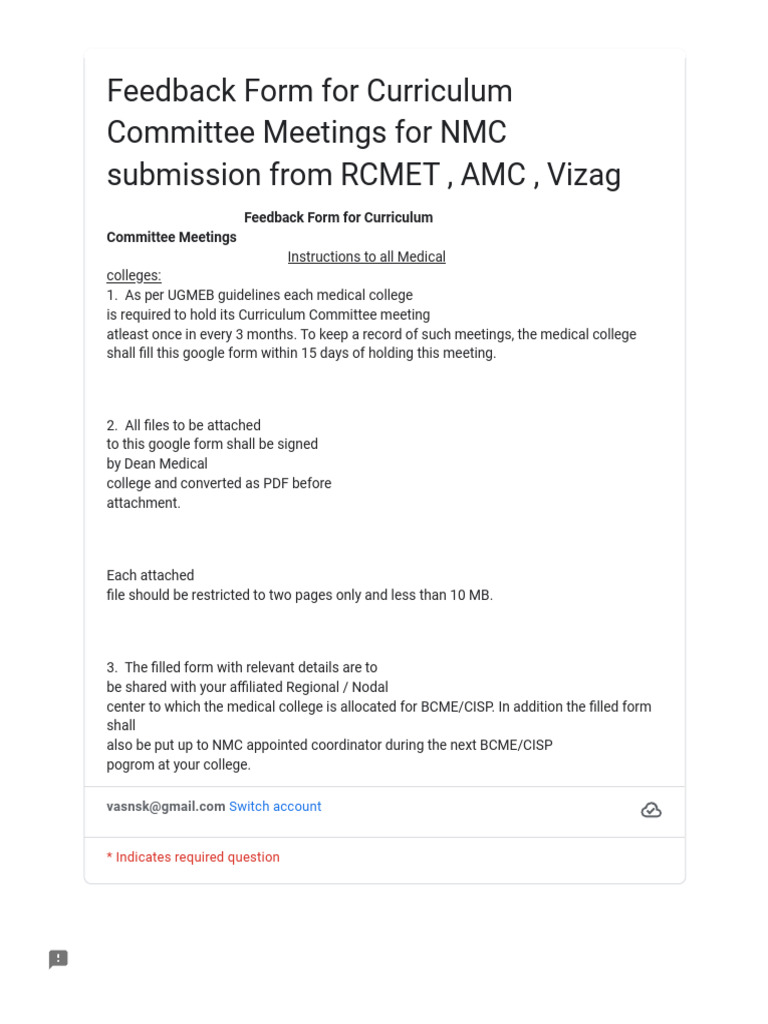 Feedback Form for Curriculum Committee Meetings for NMC Submission From ...