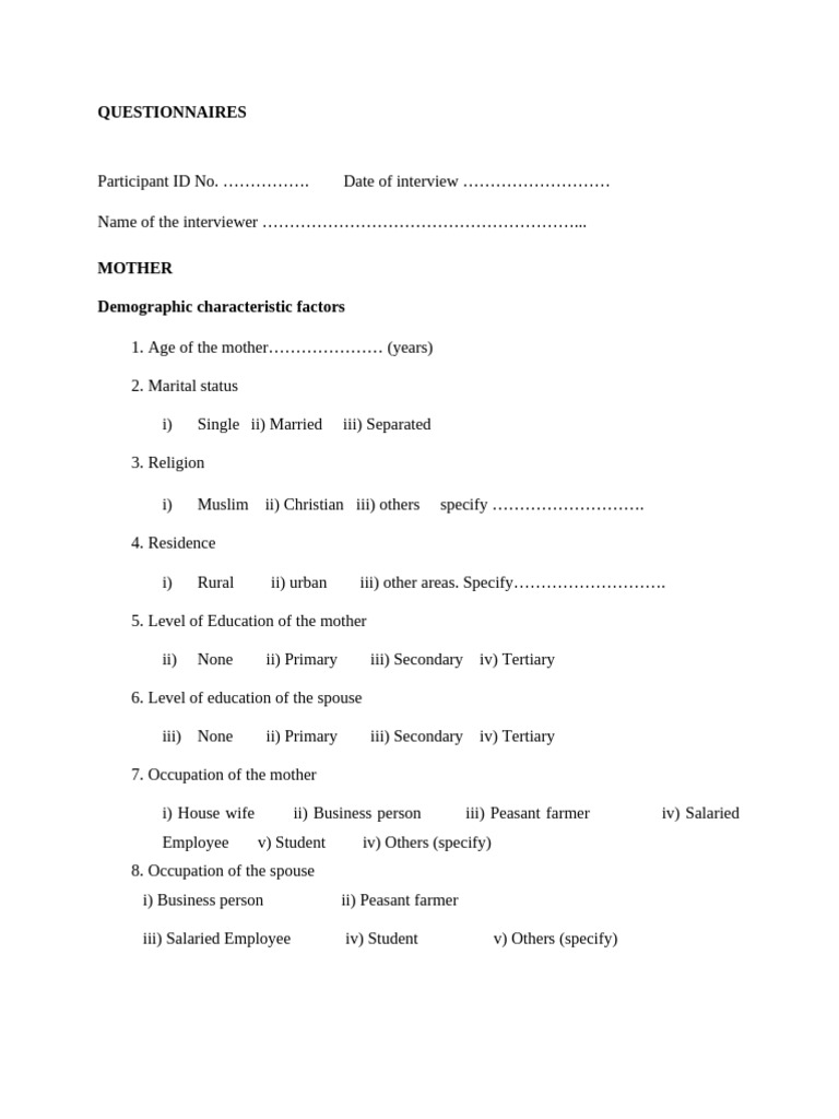 Questionaire | PDF | Woman | Motherhood