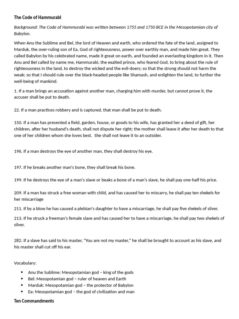Hammurabi and 10 Commandments | PDF | Religious Belief And Doctrine ...