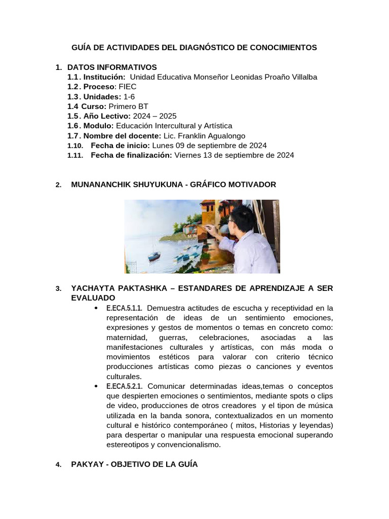 Guía 1ro BT Ed Art Diagnóstico 2024 - 2025 | PDF | Pinturas
