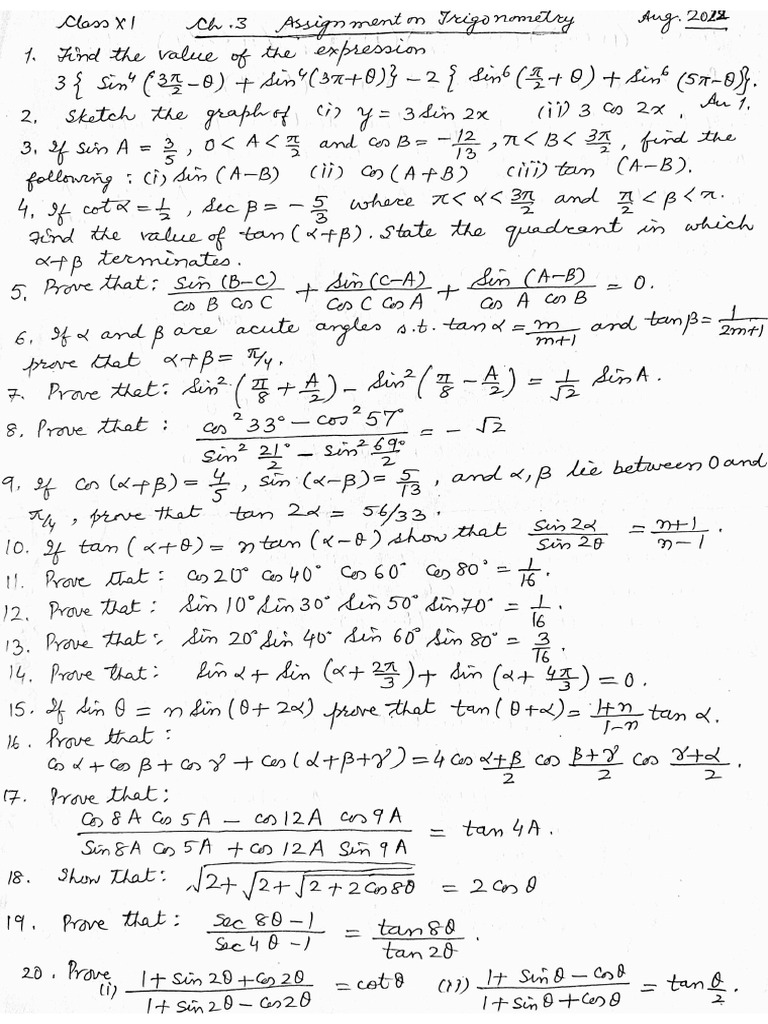 Class Xi Trigonometry Assignment | PDF