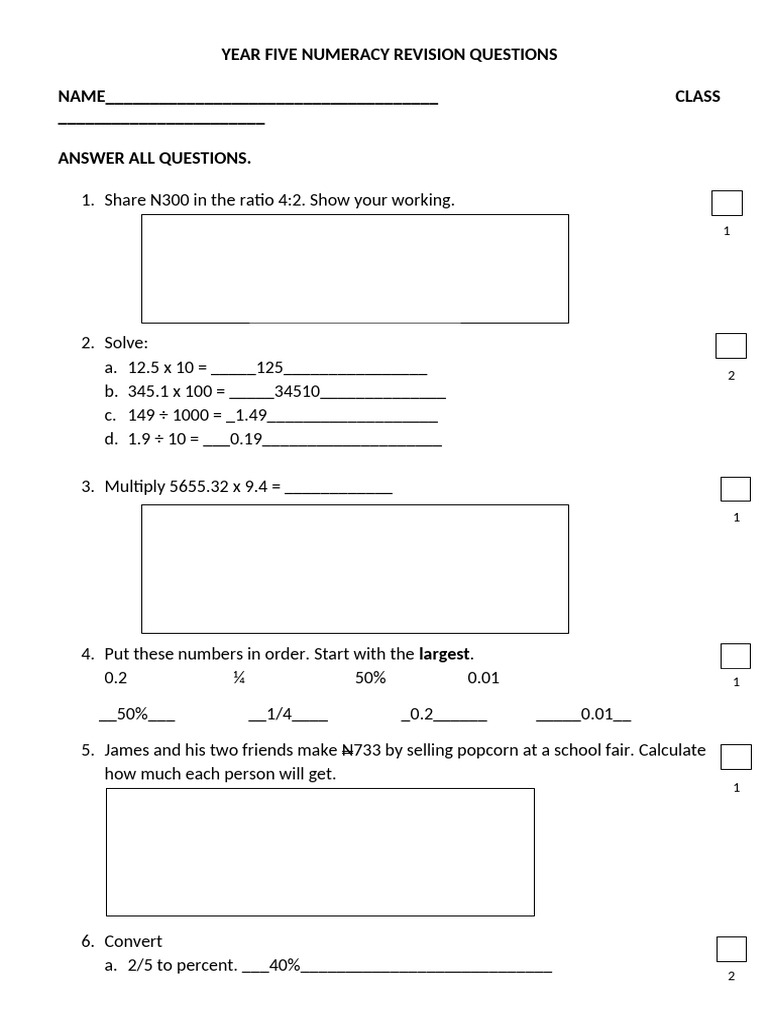 Year 5 Numeracy Revision Questions FST | PDF | Odds | Ratio
