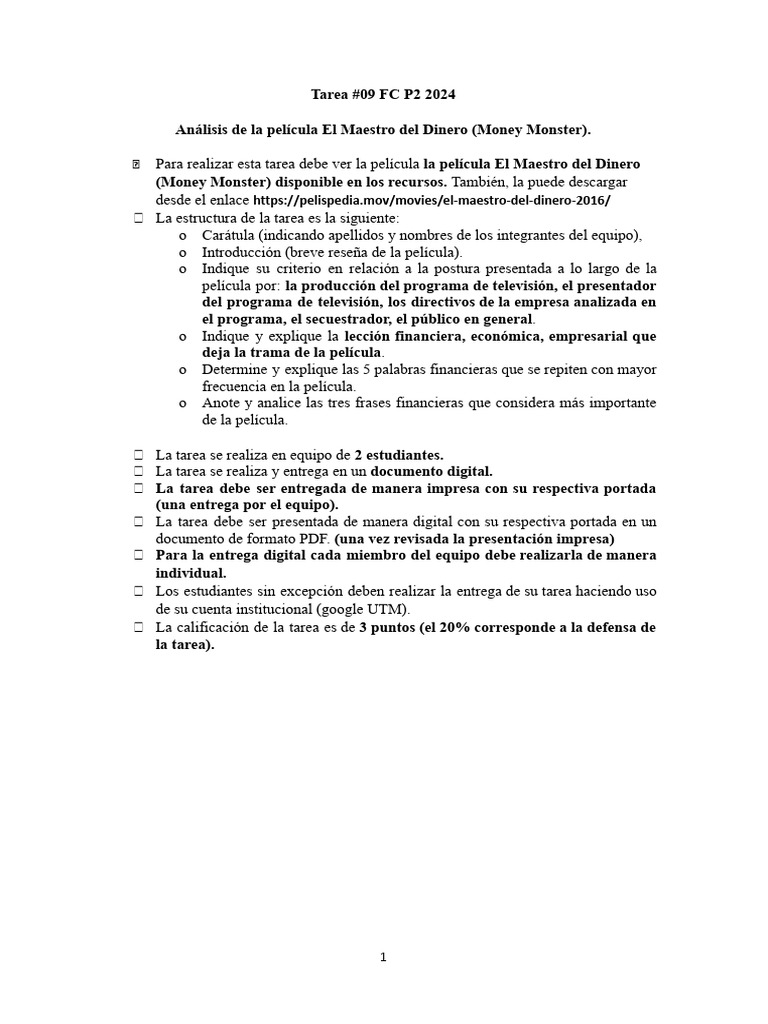 Tarea #9 FC P2 2024 Análisis de La Película El Maestro Del Dinero (Money Monster) | PDF