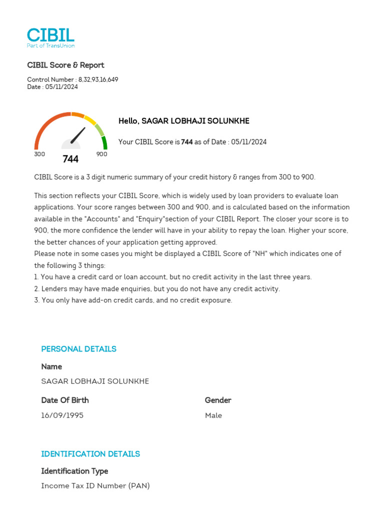 CIBIL Score Overview for Sagar Solunkhe | PDF | Finance & Money ...