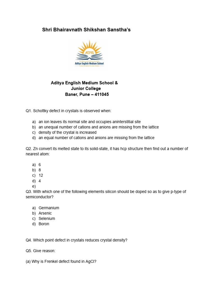 Ch. 1 Solid State Question Bank | PDF | Crystal Structure | Chemical ...