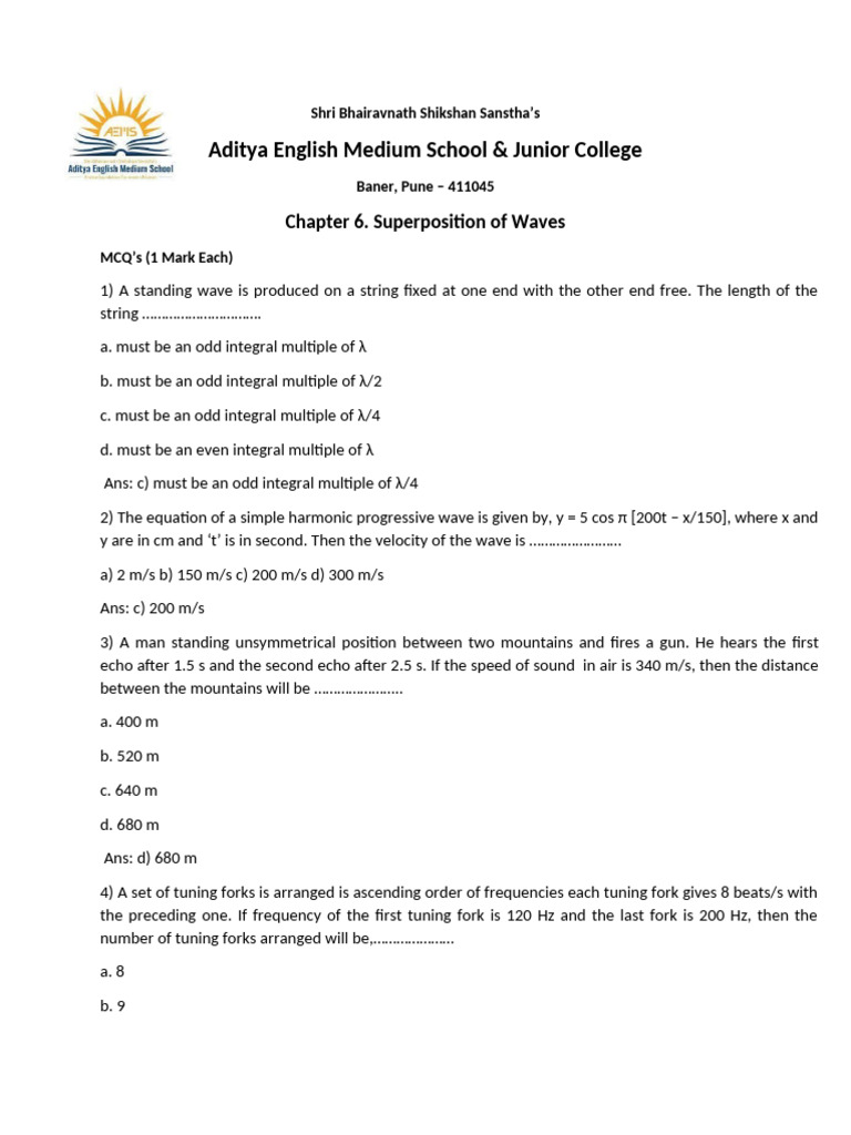 Chapter 6 Superposition of Waves Question Bank | PDF | Waves | Frequency