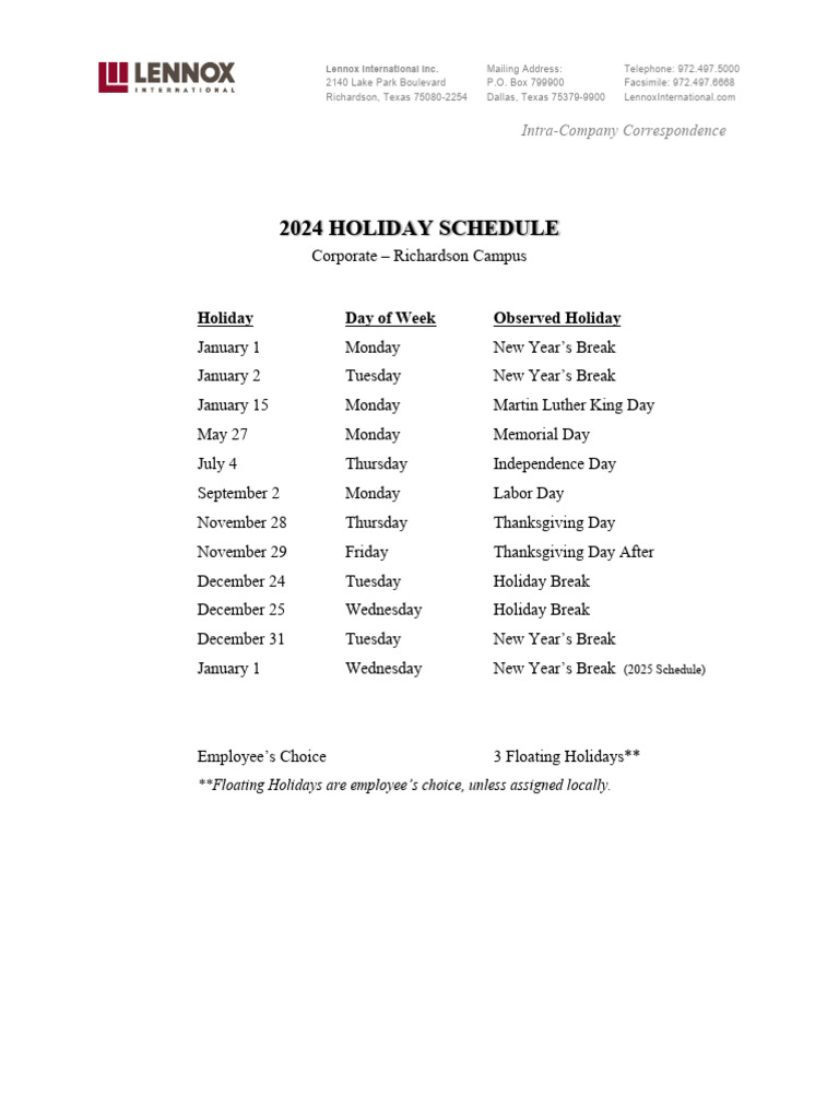 2024 Corporate Holiday Schedule | PDF