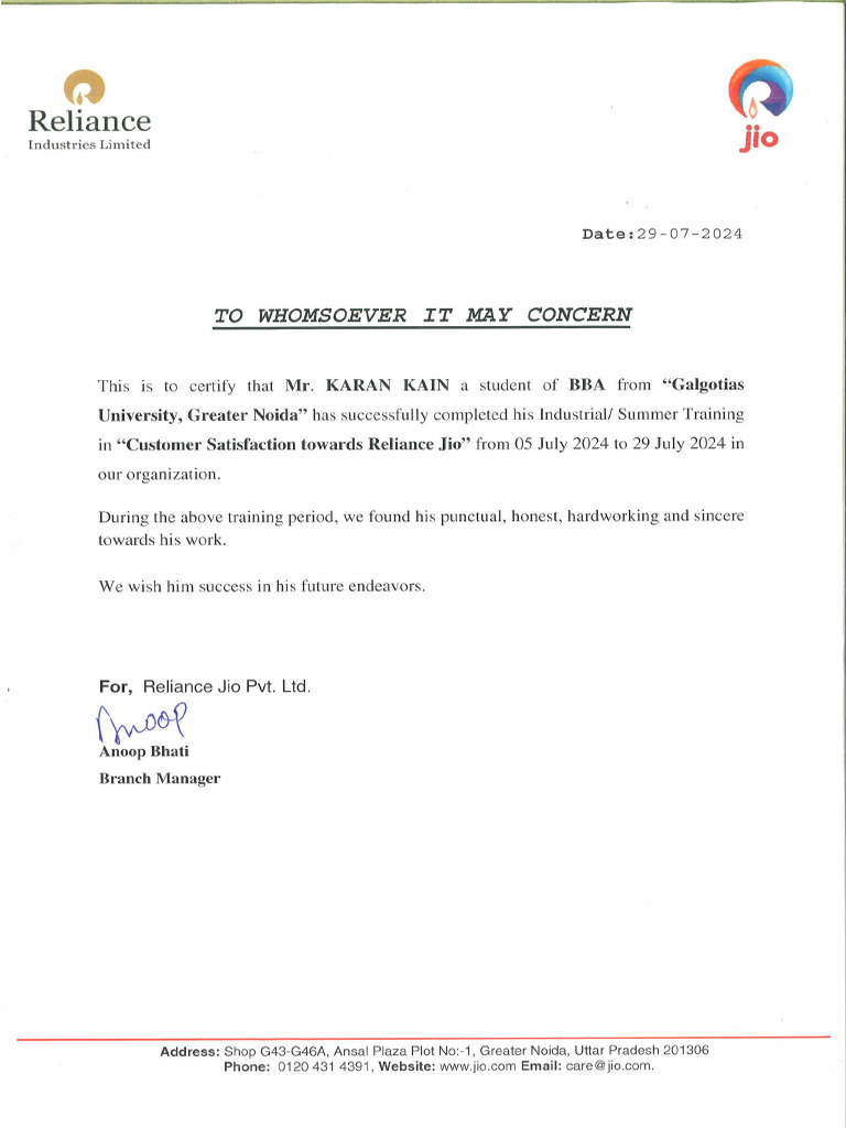 Sip Certificate Karan Kain | PDF