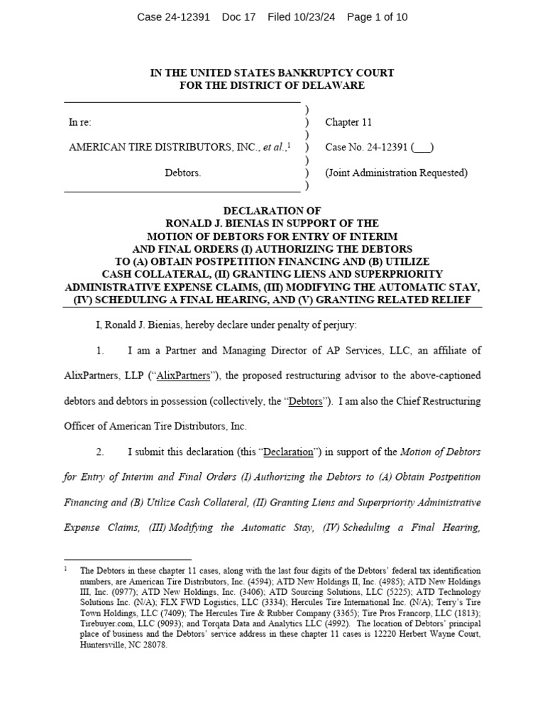 (00017) Bienias Declaration Iso DIP | PDF | Chapter 11 | Bankruptcy