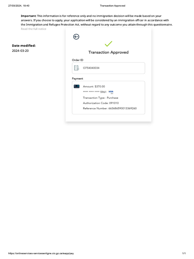 Visa Fees Payment Receipt | PDF