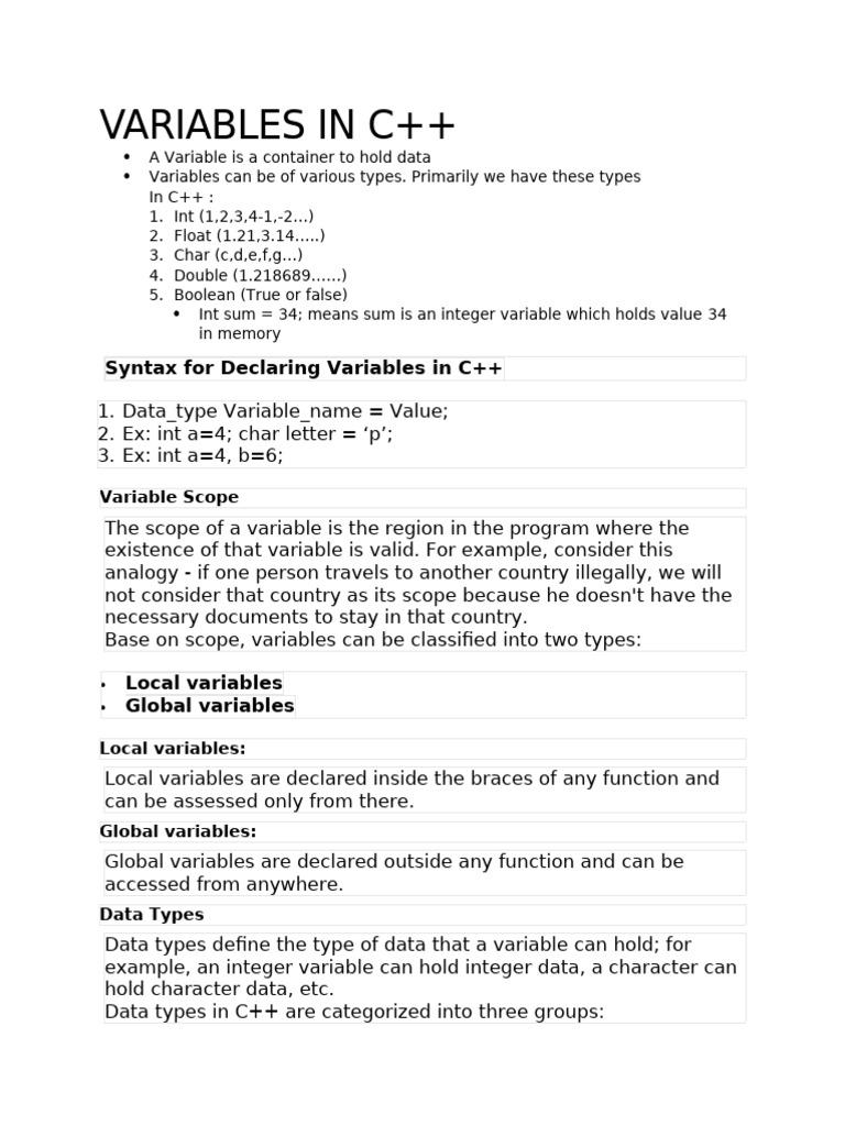 VARIABLES IN C | PDF
