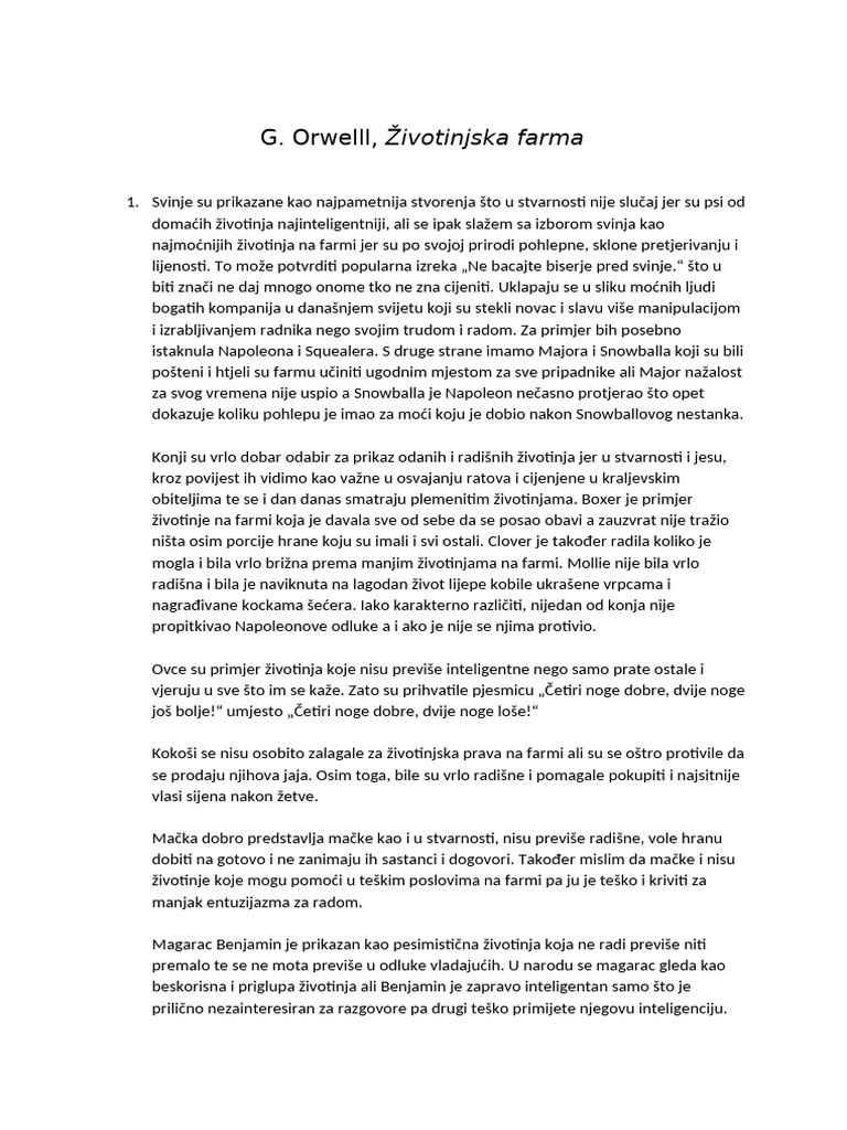 Osvrt Na Lektiru Životinjska Farma | PDF