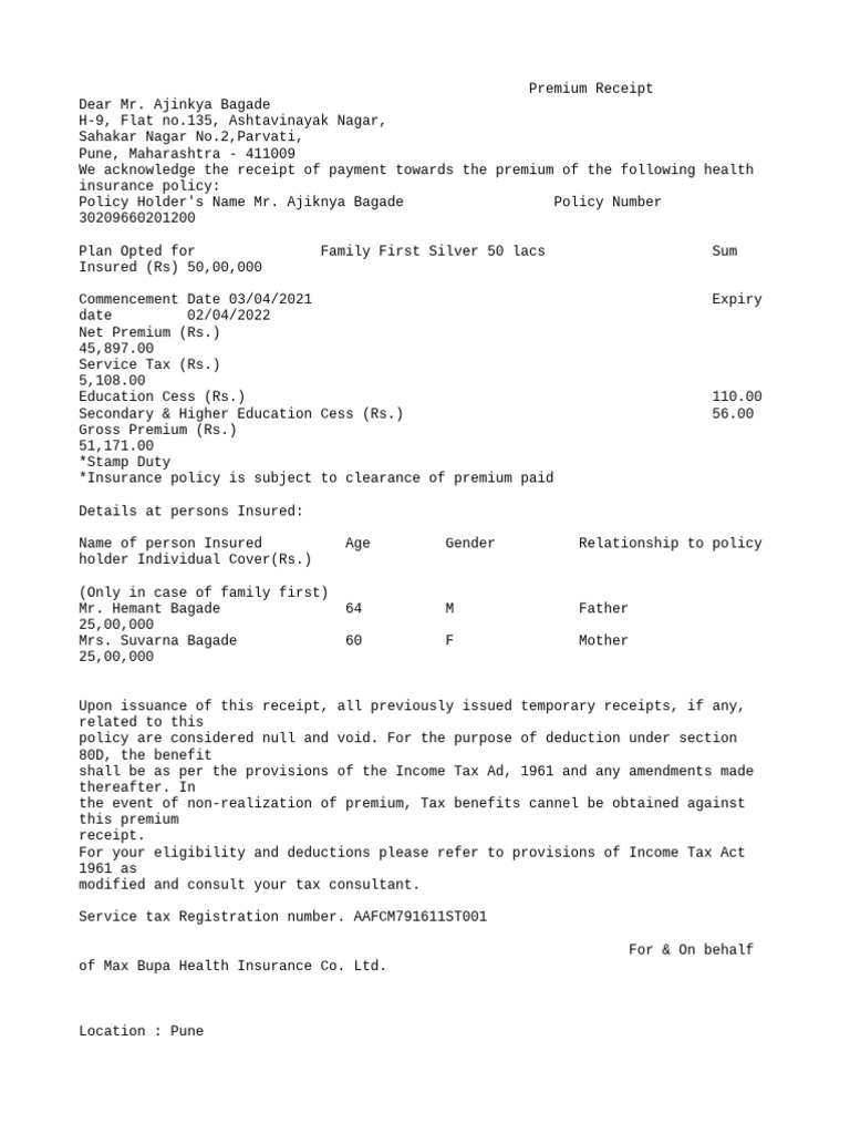 Medical Insurance Premium Receipt Family | PDF