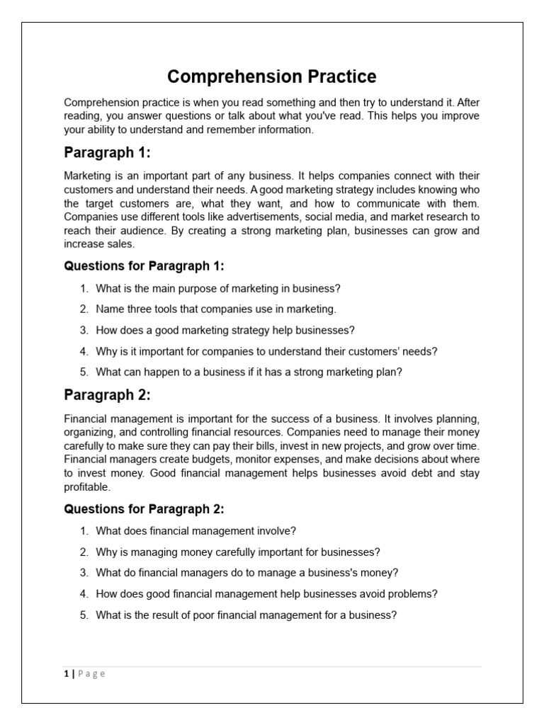 Comprehension Practice & Question | PDF | Marketing | Entrepreneurship