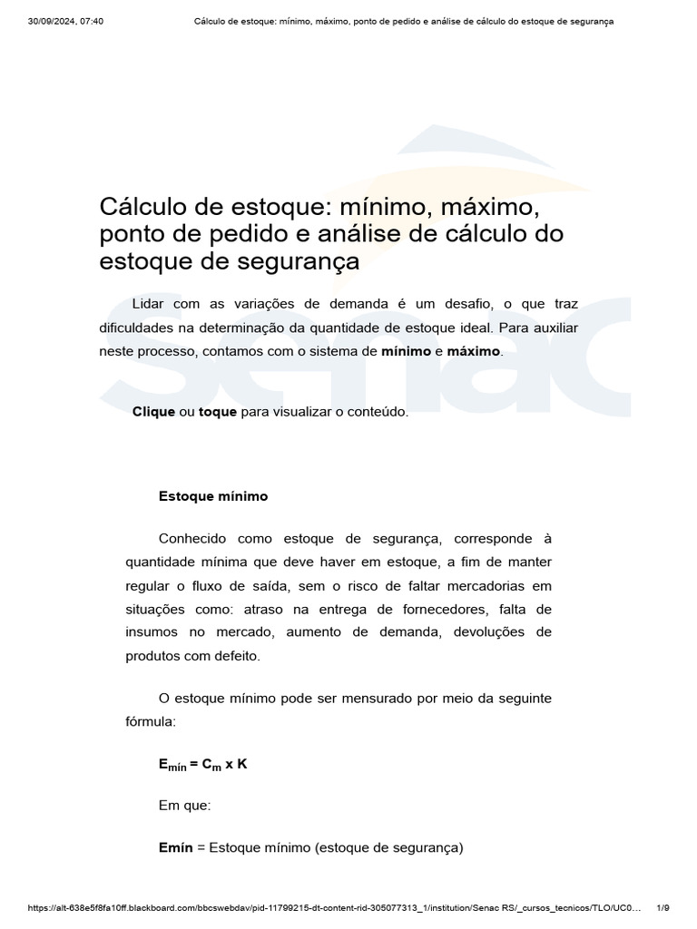 Cálculo de Estoque: Mínimo e Máximo | PDF | Desvio padrão | Tempo