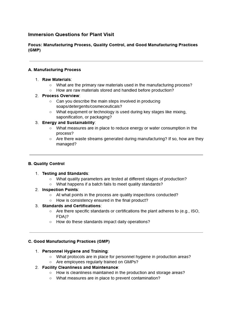 Plant Visit Immersion Questions Guide | PDF