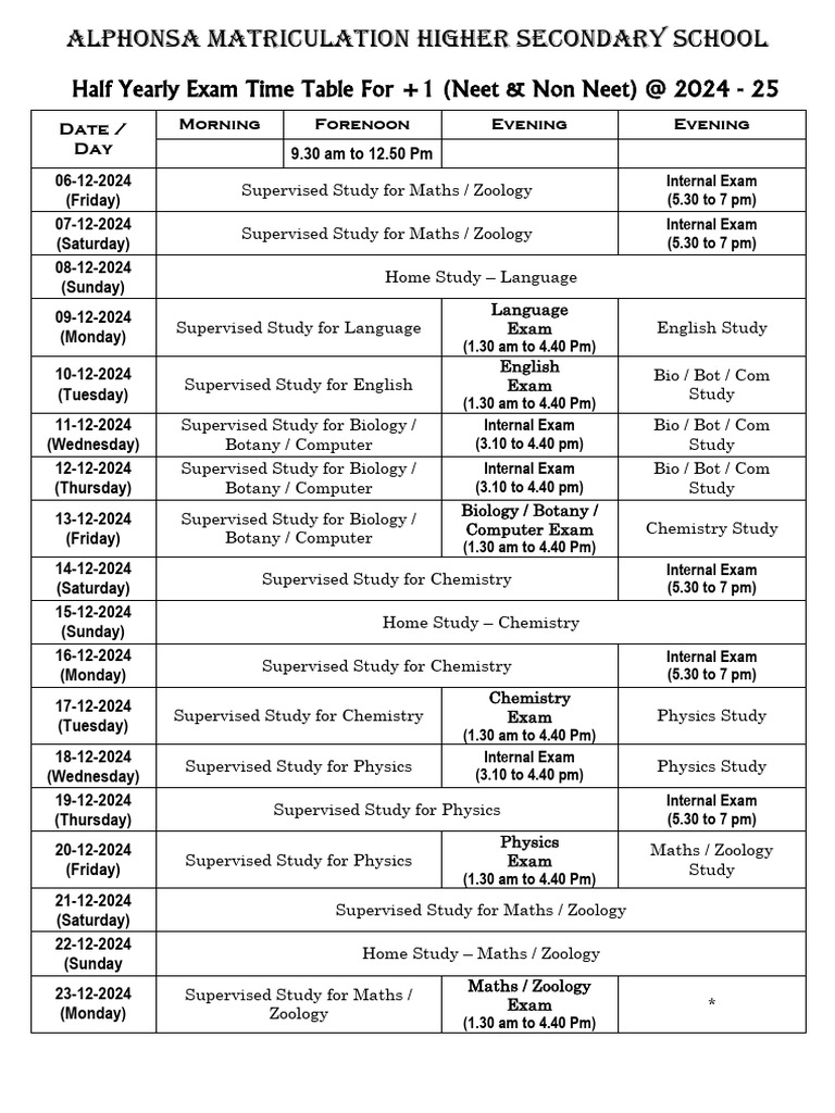 XI Half Yearly Exam Time Table 2024-25 Neet & Non Neet | PDF