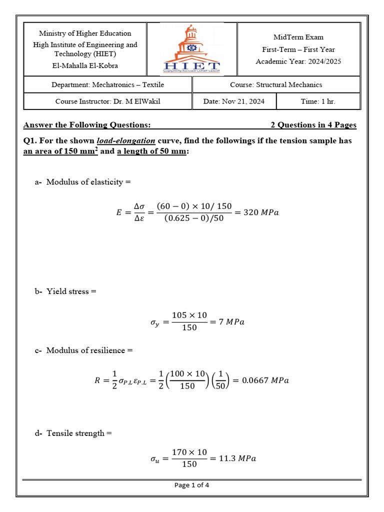 SM - MidTerm Nov 2024 - ModelAnswer | PDF | Young's Modulus | Bending