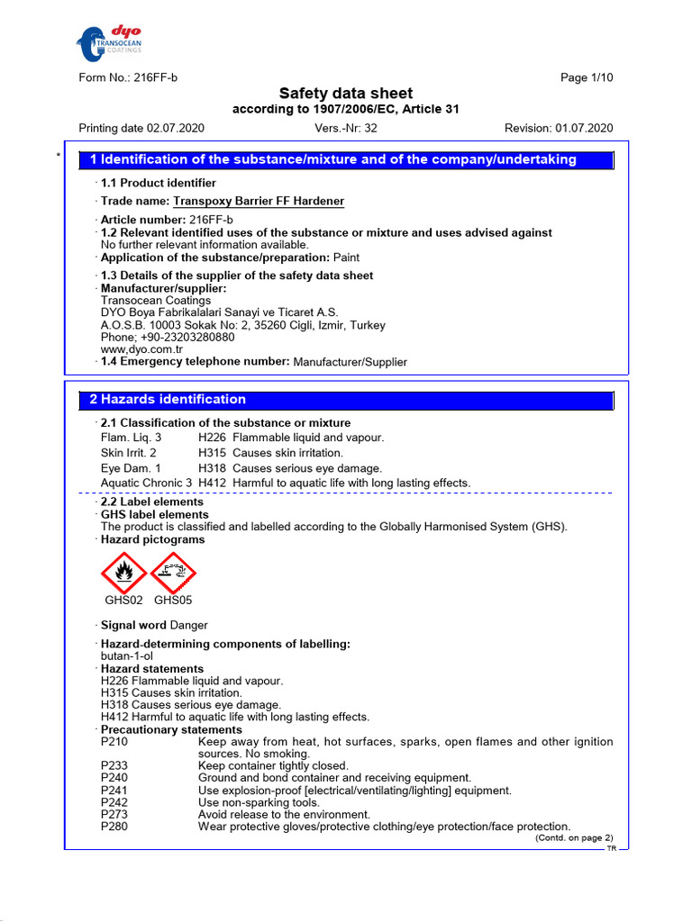 Transpoxy Barrier FF Hardener SDS | PDF | Toxicity | Occupational Safety And Health