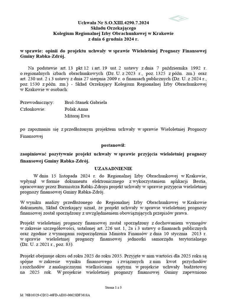 Opinia Znak Sprawy S.O.XIII.4290.7.2024 Kolegium Regionalnej Izby Obrachunkowej W Krakowie PDF | PDF