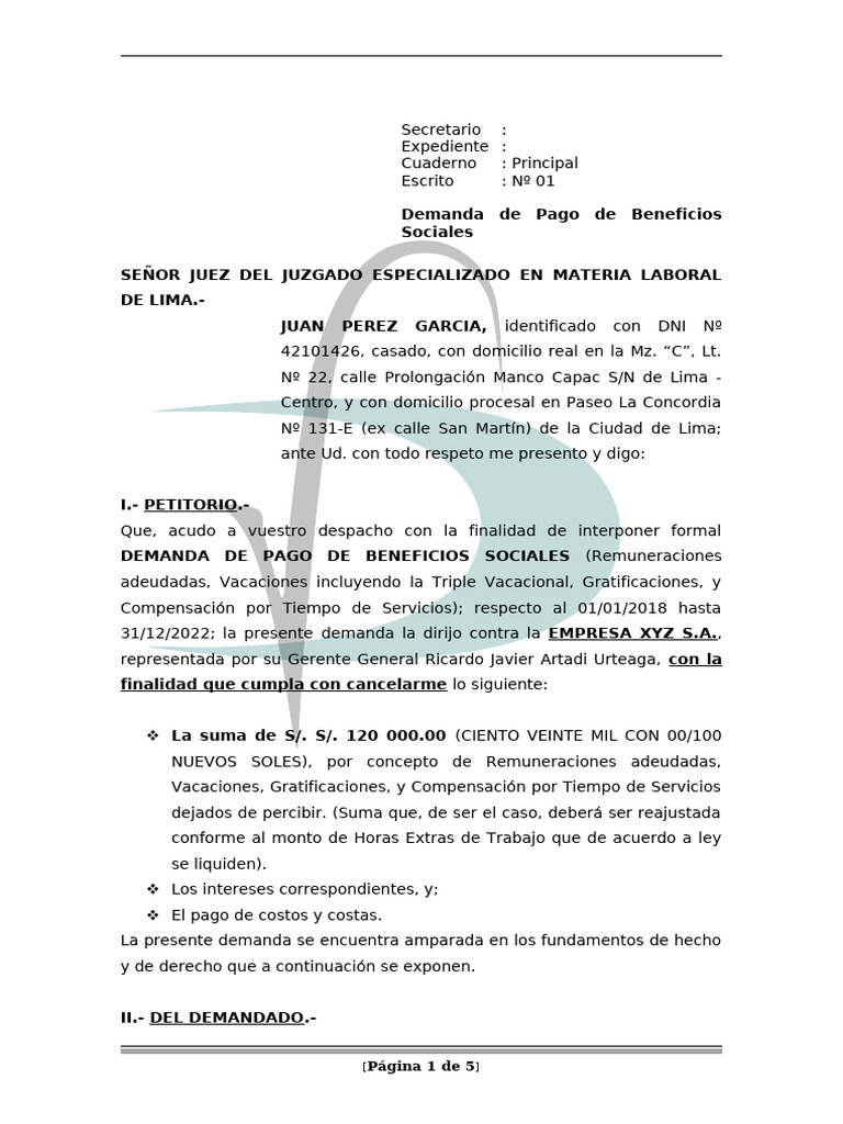 Demanda de Beneficios Socilaes | PDF | Derecho laboral | Salario