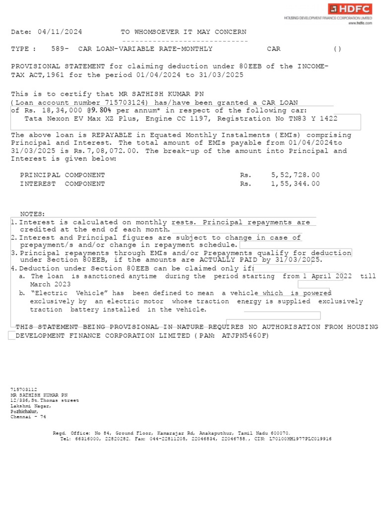 Provisional Car Loan Statement 2024 | PDF