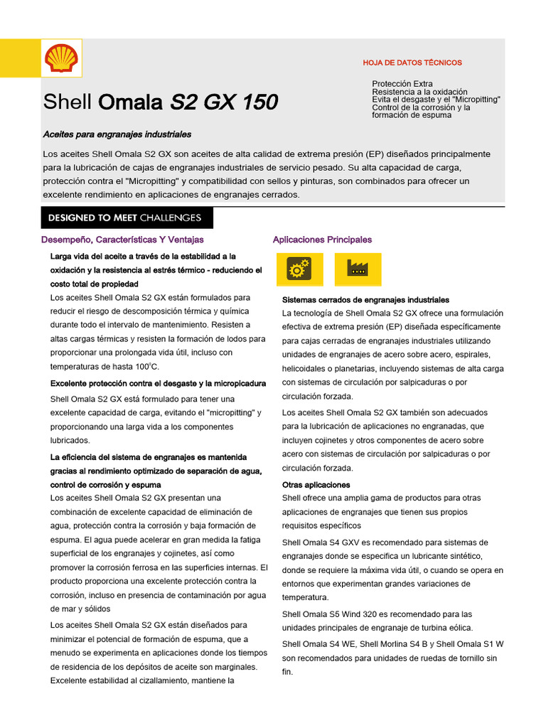 Shell Omala S2 GX 150 | PDF | Engranaje | Rodamiento (Mecánico)