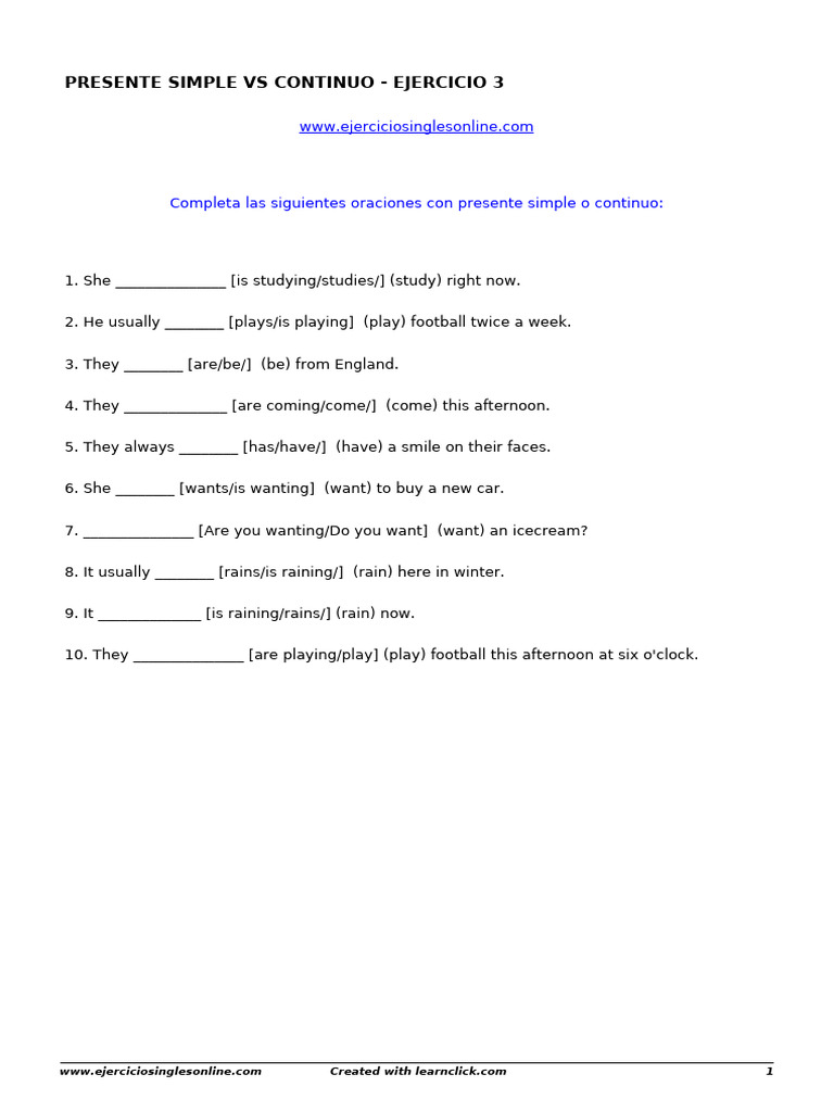 Presente Simple vs Continuo Ejercicio 3 | PDF
