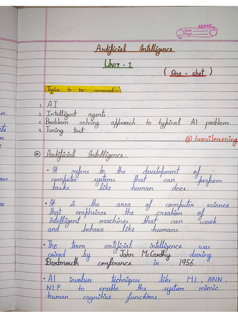 Unit-1, Artificial Intelligence Notes For AKTU by @brevilearning YT | PDF