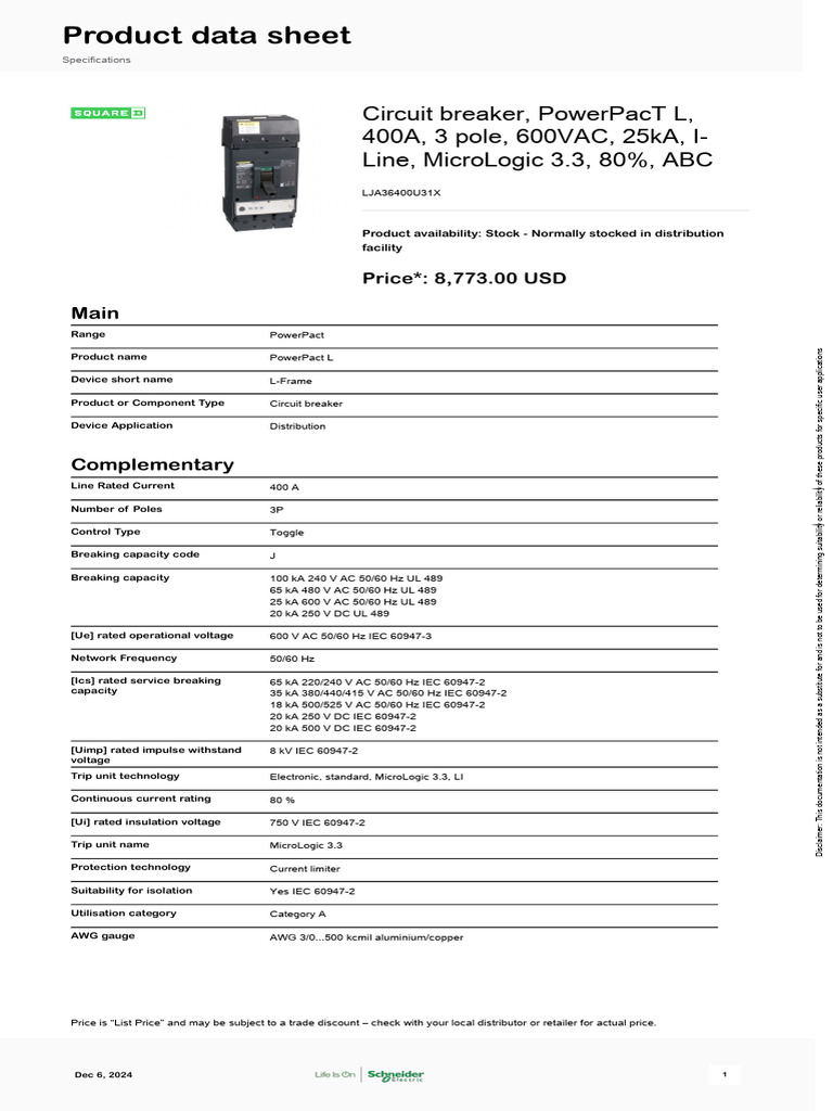 400A PowerPact L Circuit Breaker Specs | PDF | Alternating Current ...
