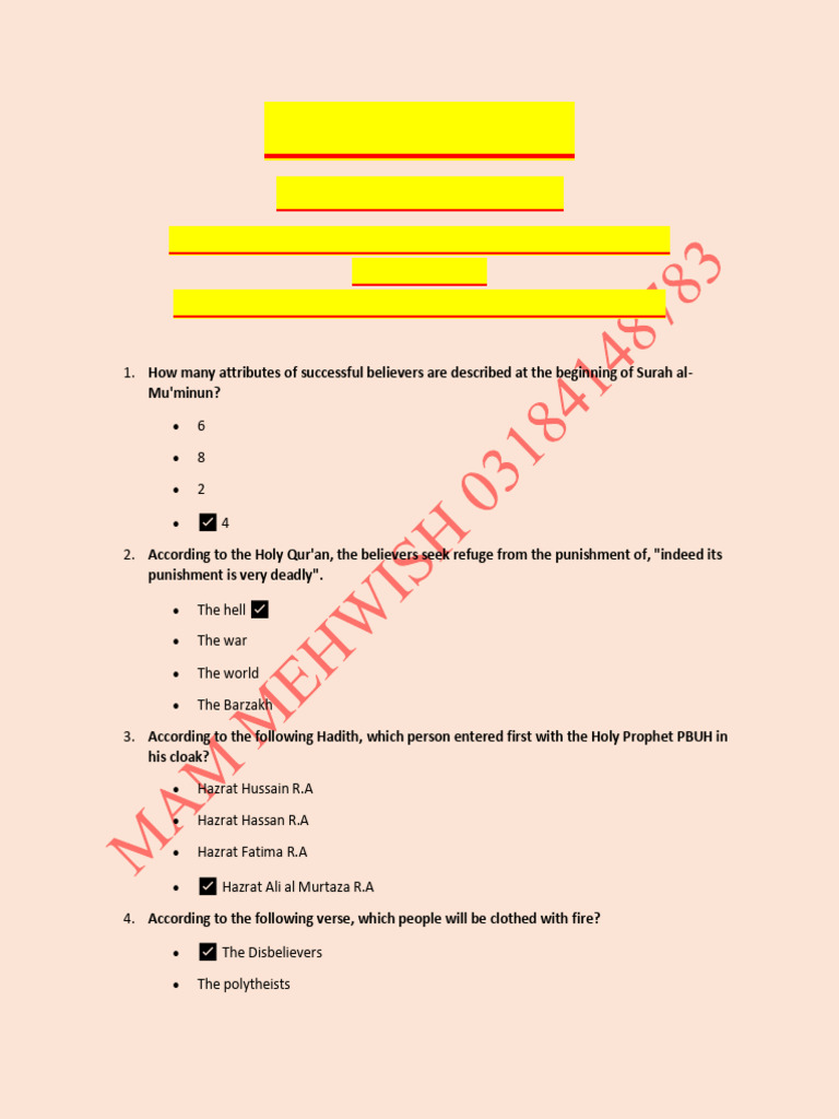 ISL202 MCQs Mids 2024 Mam Mehwish (1) | PDF | Hadith | Abrahamic Religions