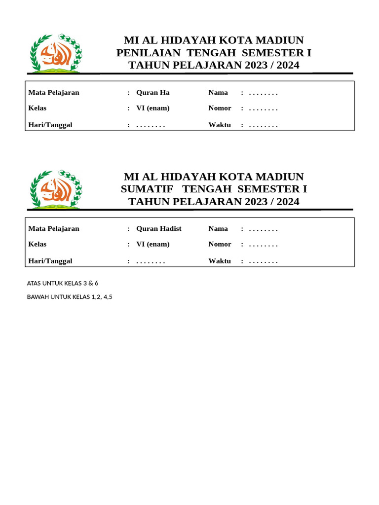 CONTOH KOP PTS & PAT 2023 | PDF