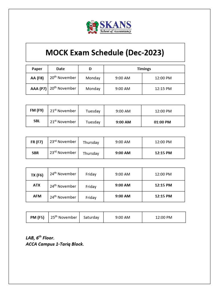 Mock Exam Schedule (Dec-2023) | PDF