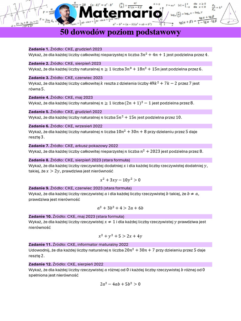 Zadania - 50 Dowodów Poziom Podstawowy | PDF