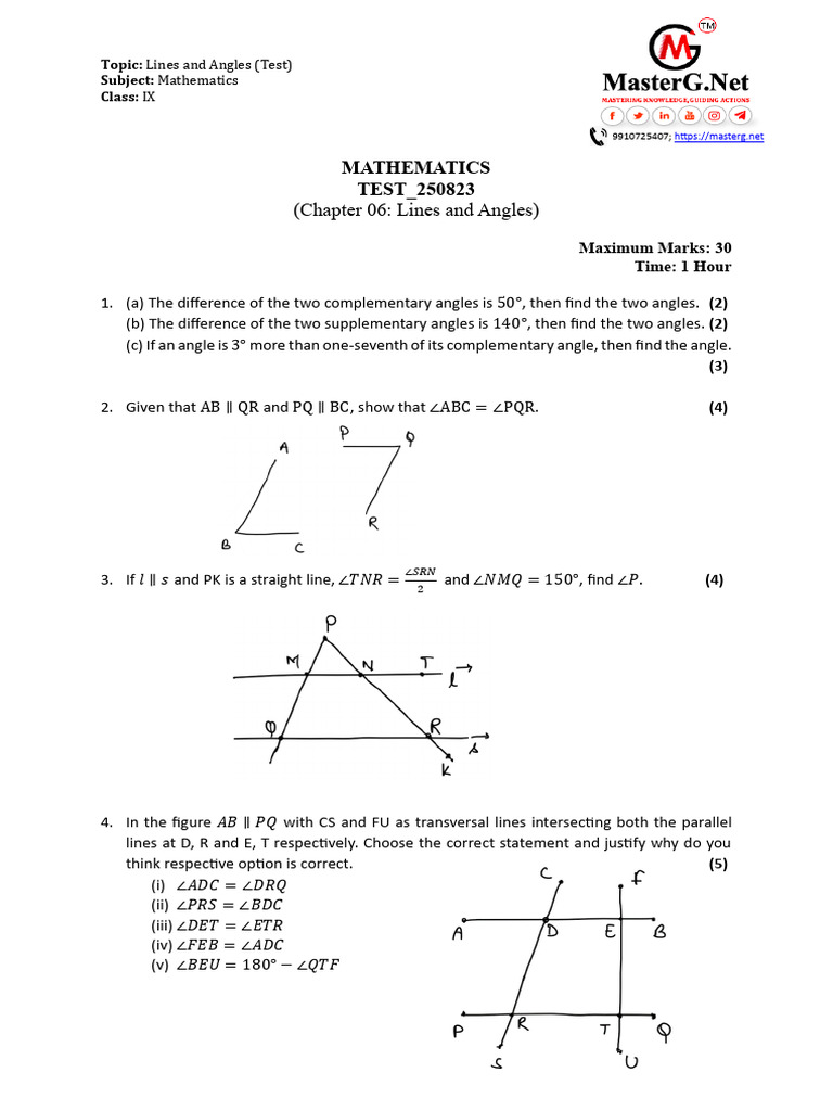 Test (Lines and Angles)_250823 | PDF
