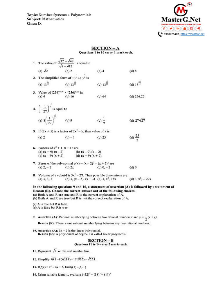 Number Systems + Polynomials (Practice QS) | PDF