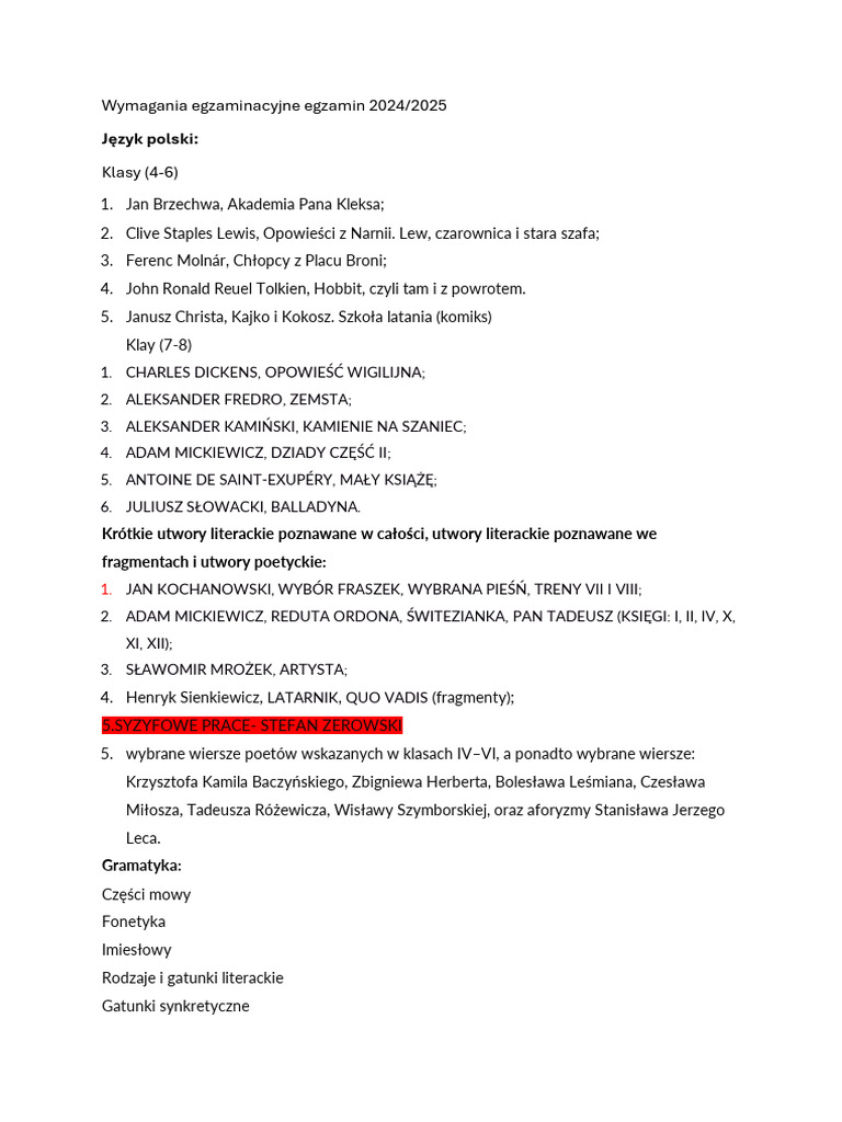 Wymagania Egzaminacyjne - Język Polski | PDF