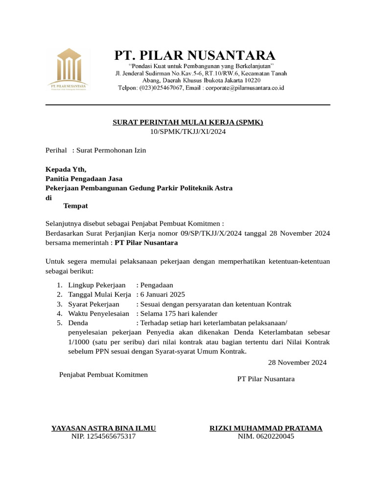 Surat Pemberitahuan Pelaksanaan Pekerjaan | PDF
