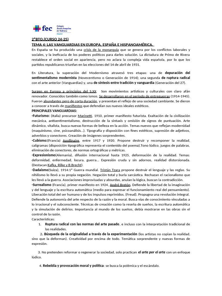 Tema 4 Las Vanguardias en Europa, España e Hispanoamérica | PDF ...
