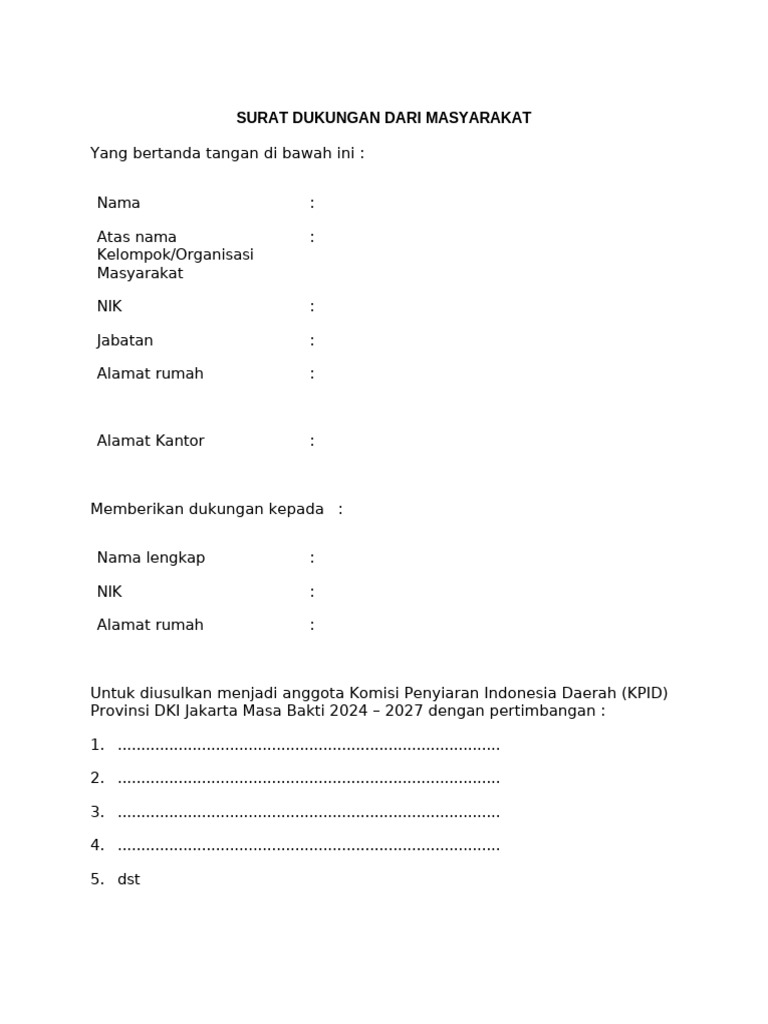 Surat Dukungan KPID DKI Jakarta 2024-2027 | PDF