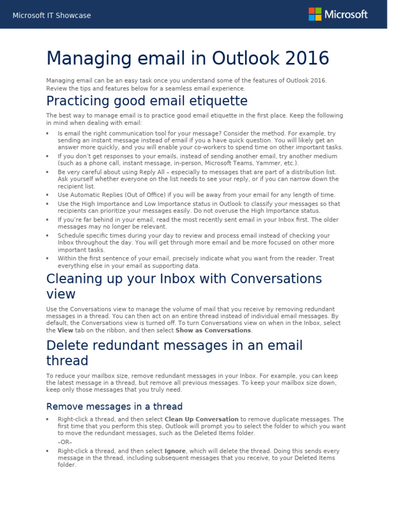 Outlook 2016 Email Management Tips | PDF | Microsoft Outlook | Computing