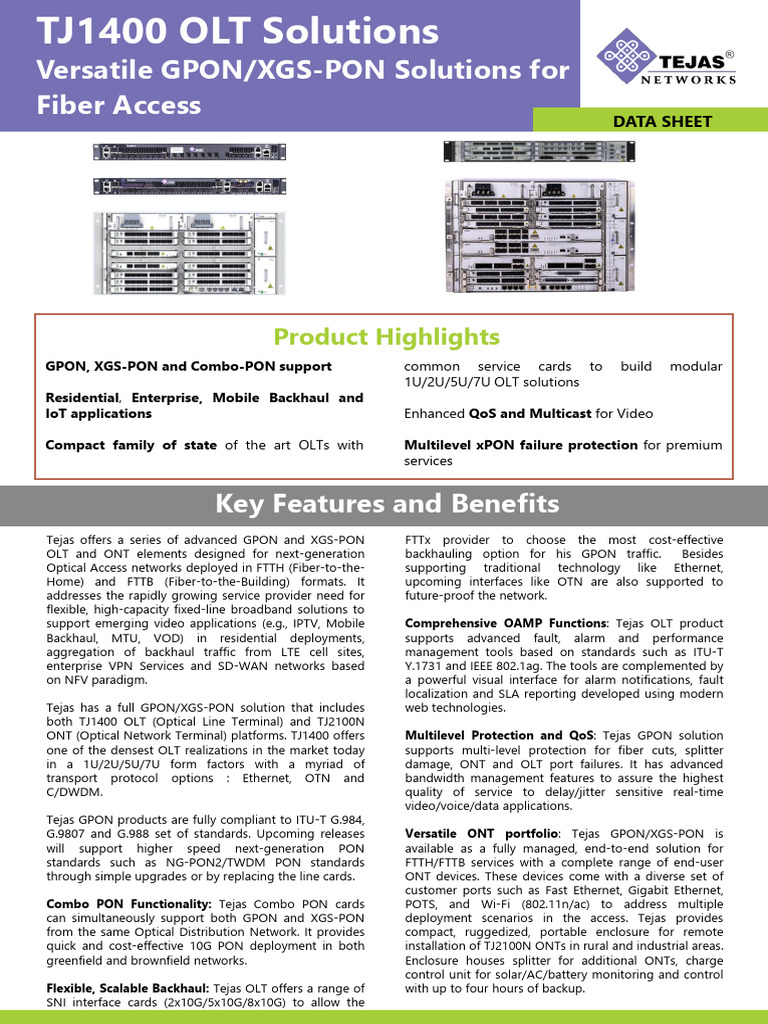 Tejas tj1400 1 8 Port With BC Pon Module Loaded | PDF | Fiber To The X ...