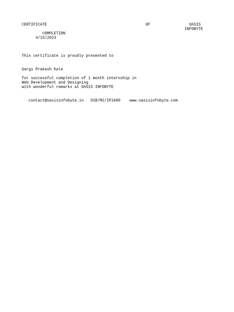 Oasis Infobyte Internship Certificate | PDF