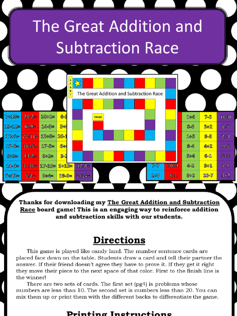 Addition and Subtraction Race Game | PDF