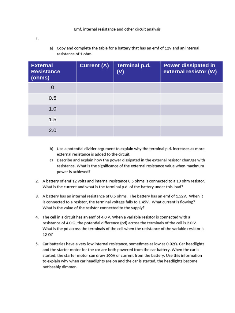 Circuit Analysis: EMF and Resistance Effects | PDF | Resistor ...