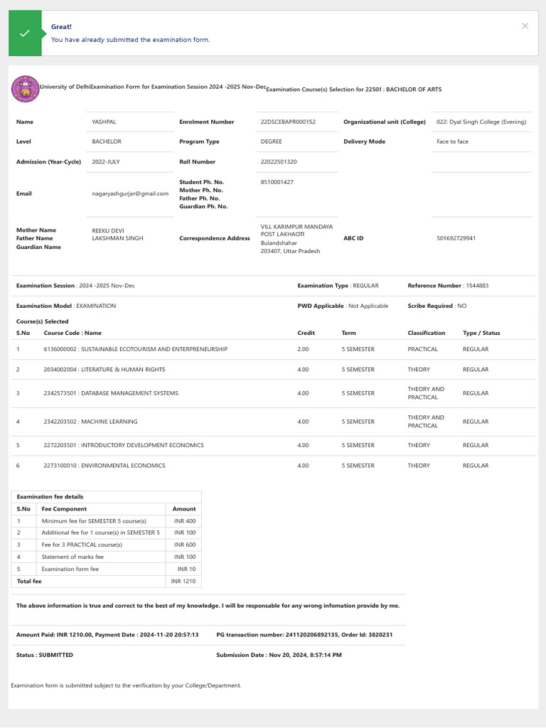 5th Semester Examination Form DSC 2024 | PDF