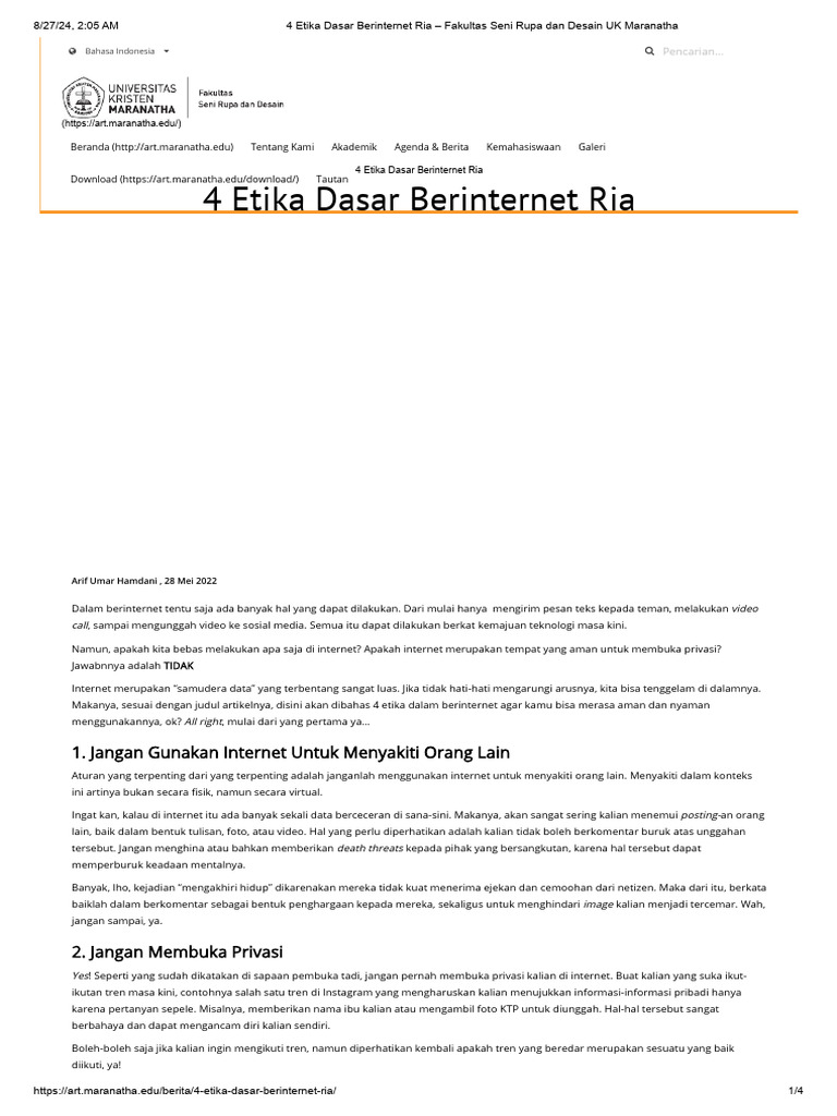 4 Etika Dasar Berinternet Ria – Fakultas Seni Rupa dan Desain UK Maranatha | PDF