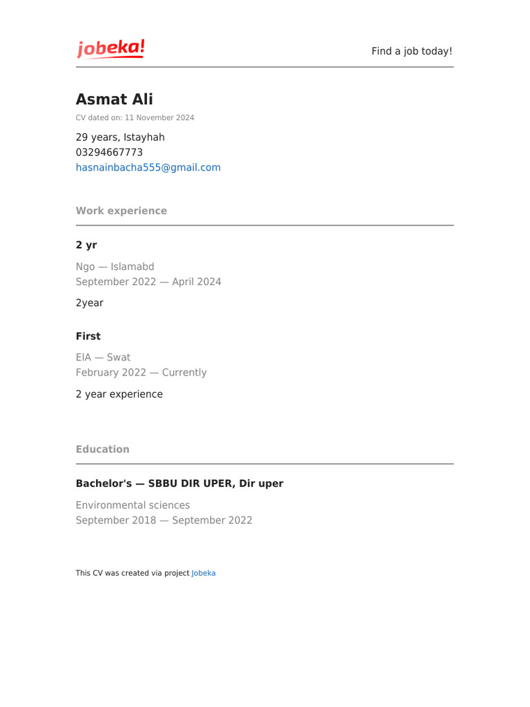 Job Seeker CV for Asmat Ali | PDF